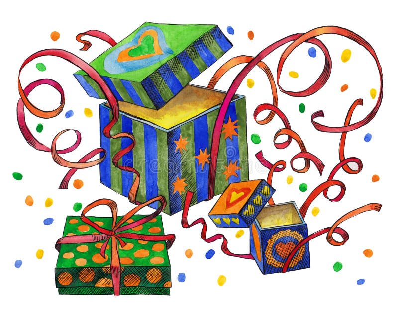 Watercolor Drawing of Gift Boxes with Red Ribbons Stock Illustration ...