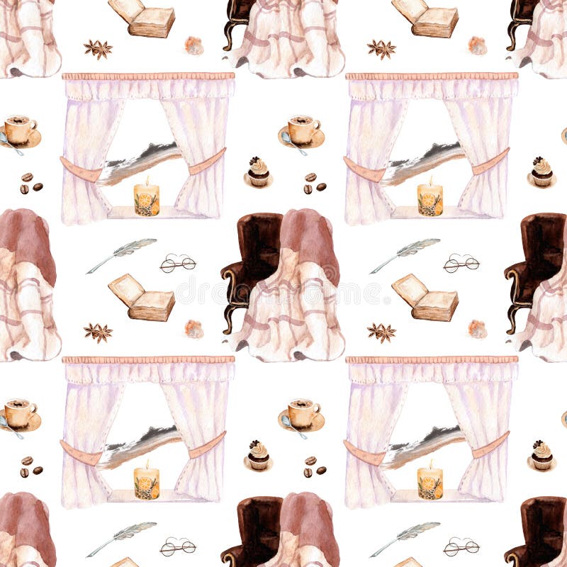 Watercolor Drawing of Home Comfort, Seamless Pattern Stock Illustration ...