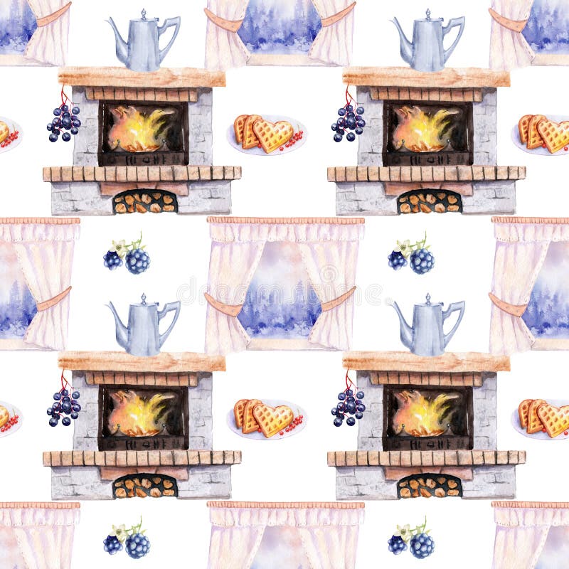 Watercolor Drawing of Home Comfort, Seamless Pattern Stock Photo ...