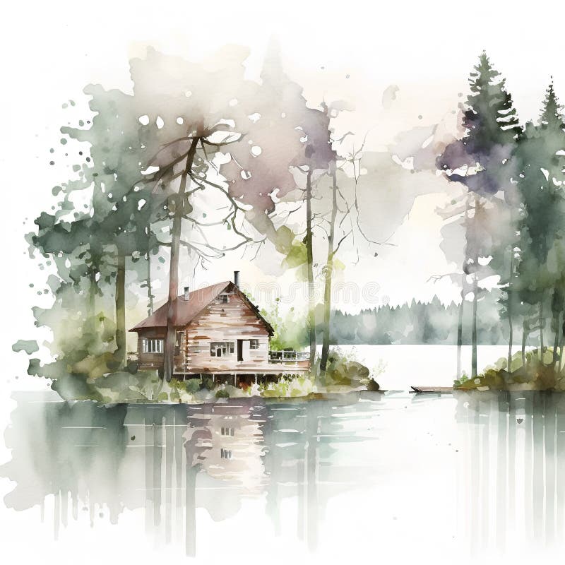 Watercolor Drawing of a House on a Lake in the Forest. Stock ...