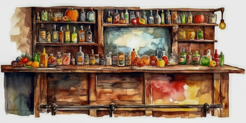 Watercolor Drawing of the Interior of a Bar. Stock Illustration ...