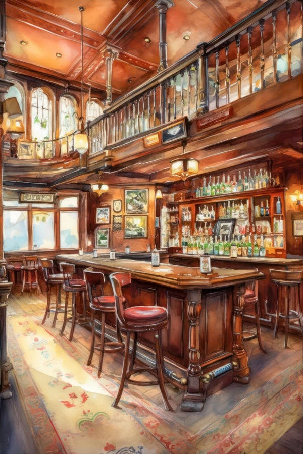 Watercolor Drawing of the Interior of a Bar. Stock Illustration ...