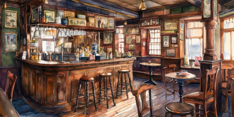 Watercolor Drawing of the Interior of a Bar. Stock Illustration ...
