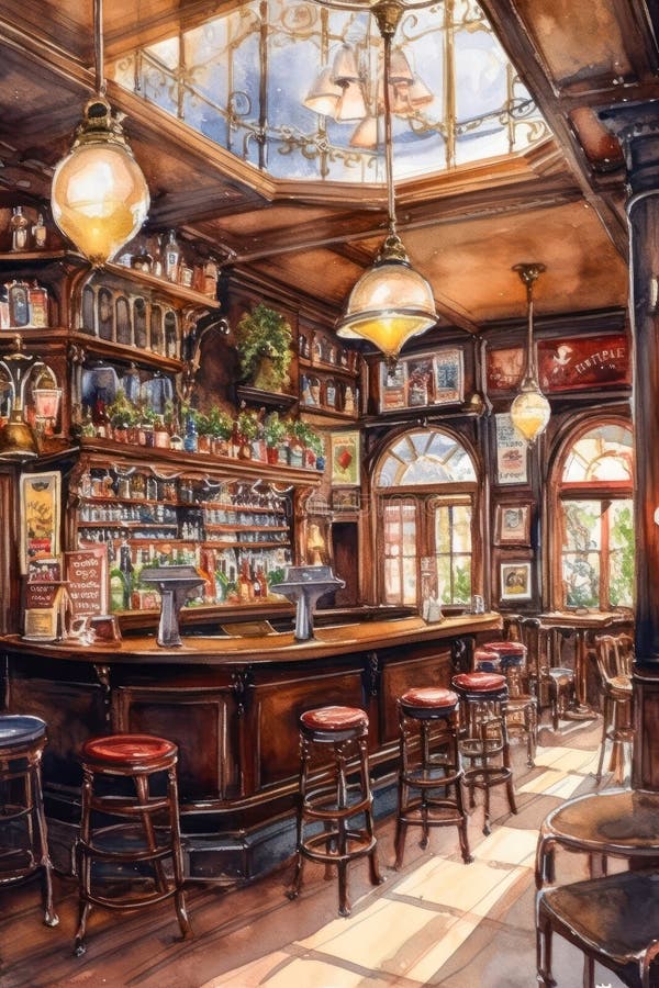 Watercolor Drawing of the Interior of a Bar. Stock Illustration ...