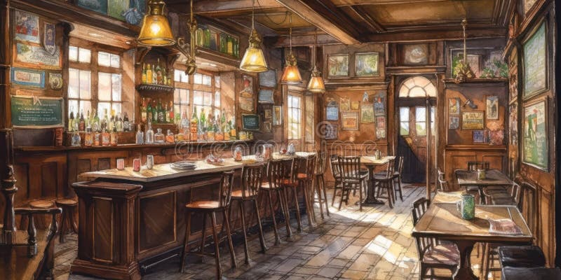 Watercolor Drawing of the Interior of a Bar. Stock Illustration ...