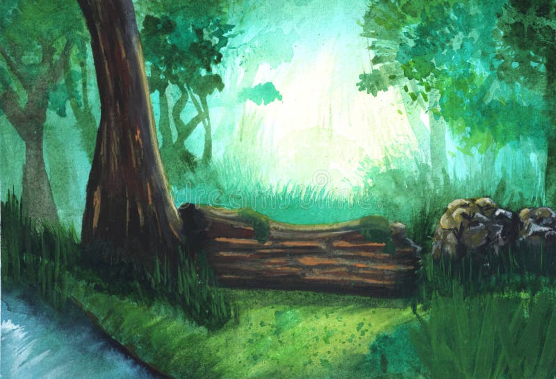 Watercolor Drawing Landscape Nature Green Forest Stock Illustration ...