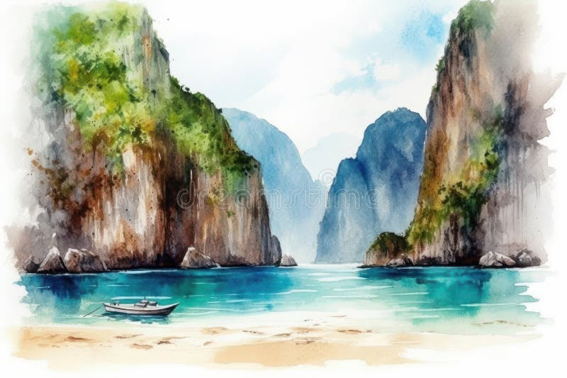 Watercolor Drawing of Maya Bay Beach in Thailand. Generative AI. Stock ...