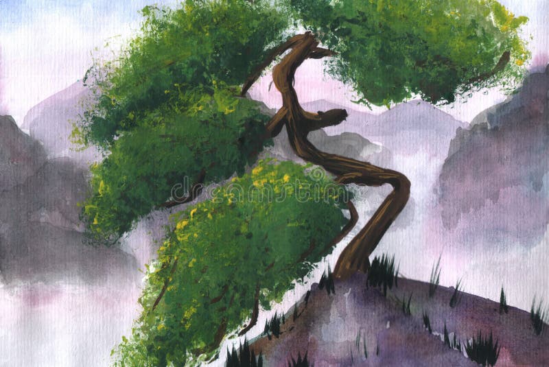 Watercolor Drawing Mountains, Landscape Tree on a Rock Stock Image ...