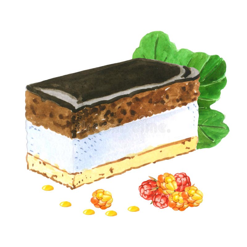 Watercolor Drawing of a Mousse Cake with Chocolate Icing and ...