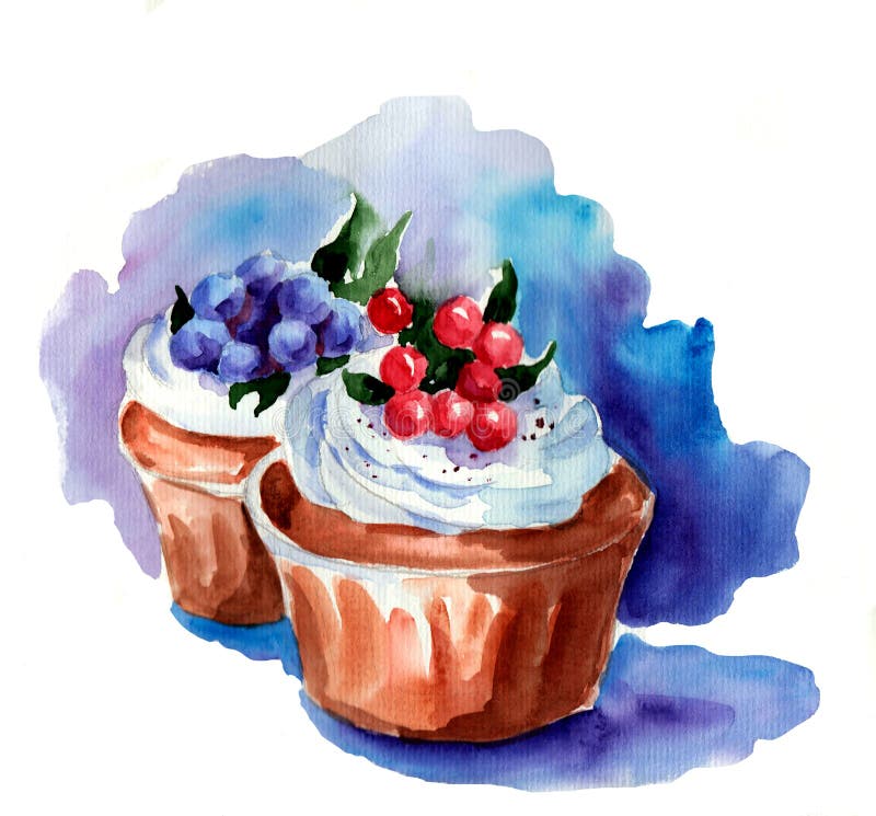 Watercolor Drawing of Muffins with Berries Stock Photo - Image of ...