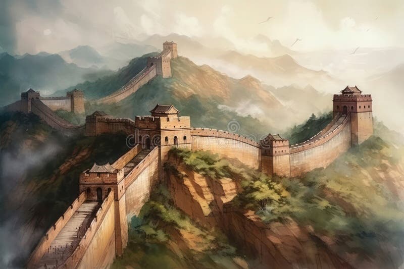 Watercolor Drawing Painting of the Great Wall of China. Stock ...