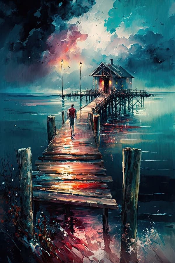 Watercolor Drawing of a Pier in the Night Stock Illustration ...