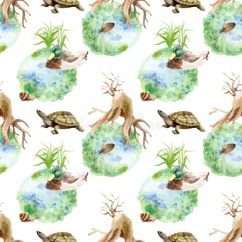 Watercolor Drawing Pond, Lake, Swamp - Seamless Pattern Stock ...