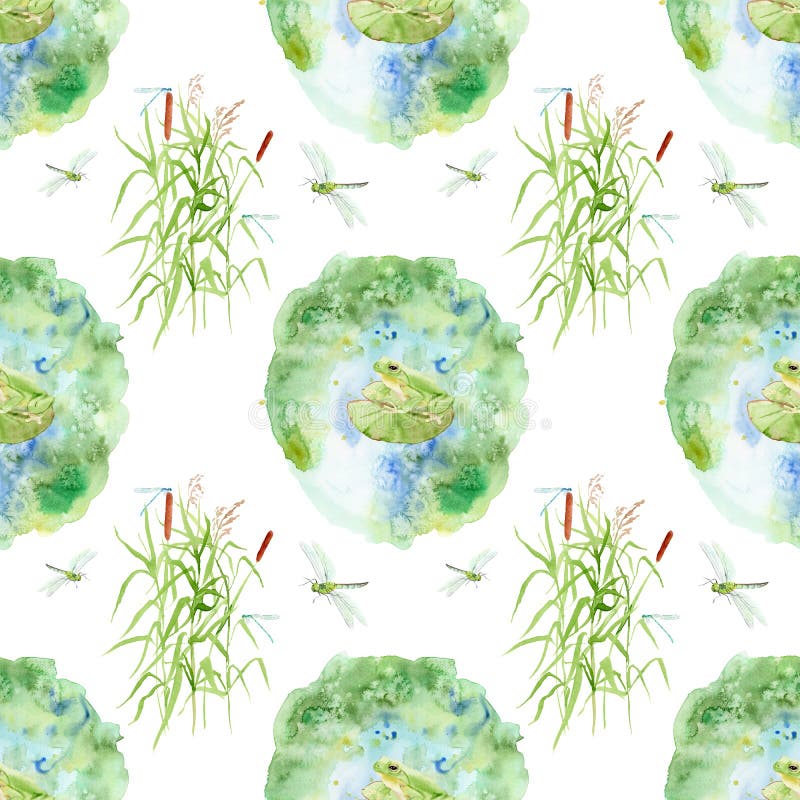 Watercolor Drawing Pond, Lake, Swamp - Seamless Pattern Stock ...
