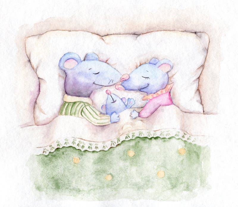 Watercolor Drawing Postcard - Mouse Family is Sleeping Stock Photo ...