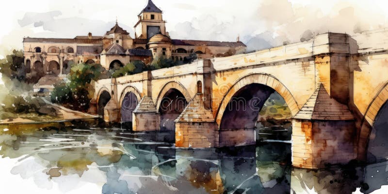 Watercolor Drawing of the Roman Bridge in Cordoba. Stock Illustration ...