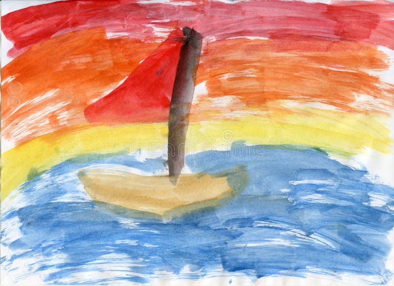 Watercolor Drawing. Sailing Boat in the Sea at Sunset Stock ...