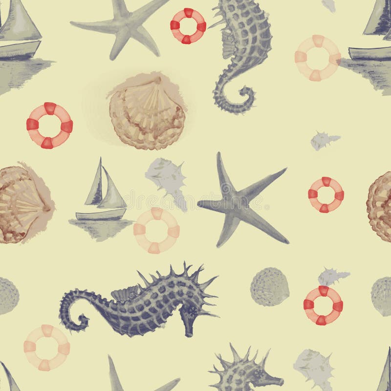 Watercolor Drawing Sea Theme Stock Illustration - Illustration of ...