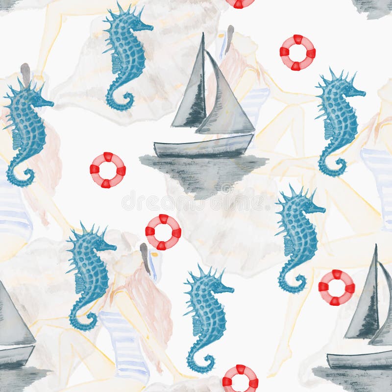 Watercolor Drawing Sea Theme Stock Illustration - Illustration of ...