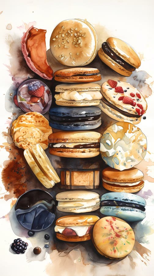 Watercolor Drawing of a Set of Different Types of Macaroons Stock ...