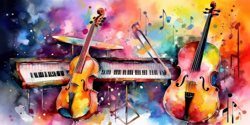 Watercolor Drawing of a Set of Musical Instruments. Stock Illustration ...