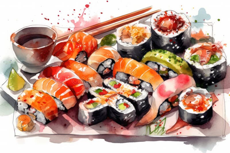 Watercolor Drawing Set of Sushi Stock Photo - Image of generated ...
