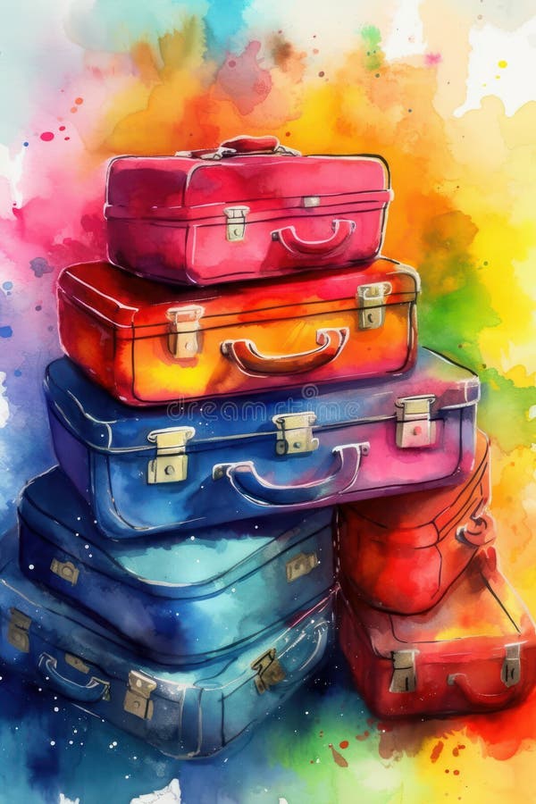 Watercolor Drawing of a Set of Travel Suitcases. Generative AI. Stock ...