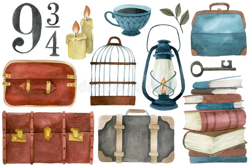 Set of Vintage Elements, Old Items. Stack of Books, Oil Lamp, Clock ...