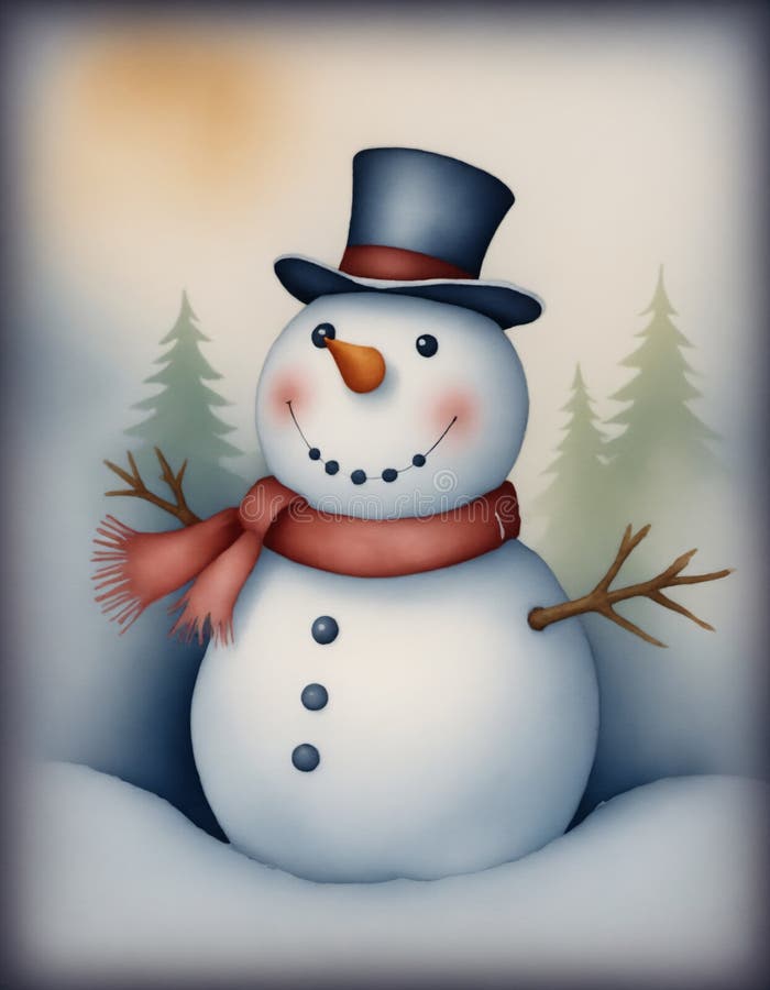 Watercolor Drawing of Snowman for Christmas Card. Stock Illustration ...