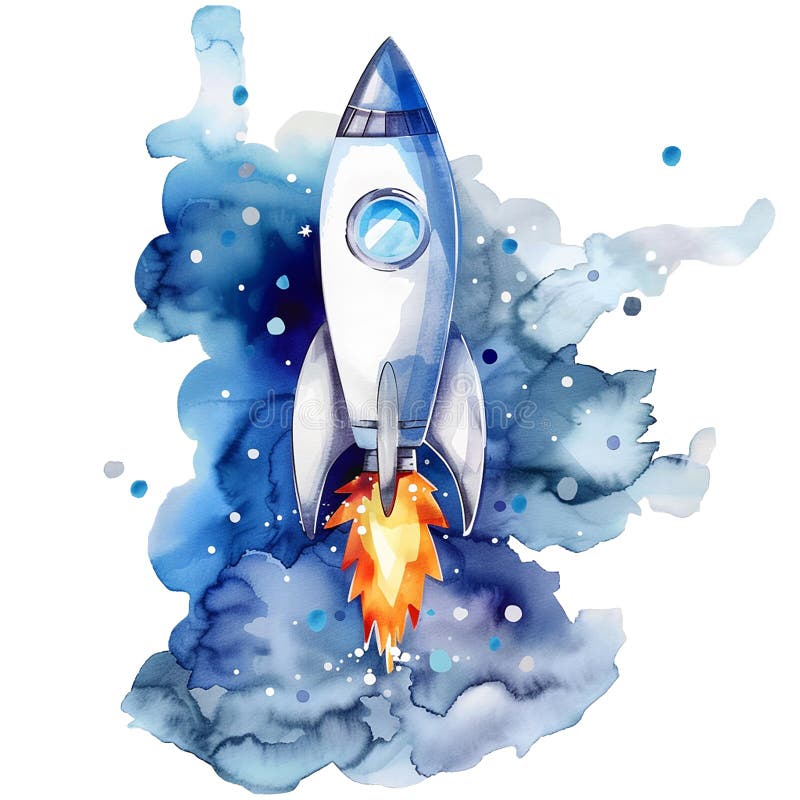 Watercolor Drawing, Space Rocket. Cute Drawing for Children, Cartoon ...