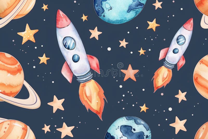 A Watercolor Drawing of a Space Scene Featuring Planets and Rockets in ...