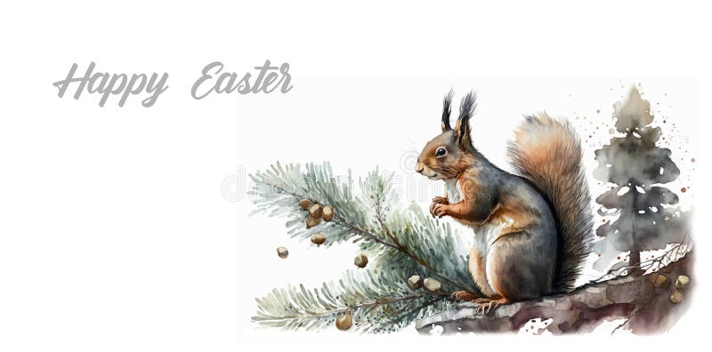 Watercolor Drawing of a Squirrel on a Tree. Text - Happy Easter Stock ...