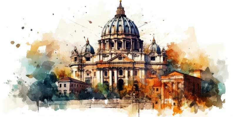 Watercolor Drawing of St. Peter S Basilica in the Vatican. Stock ...