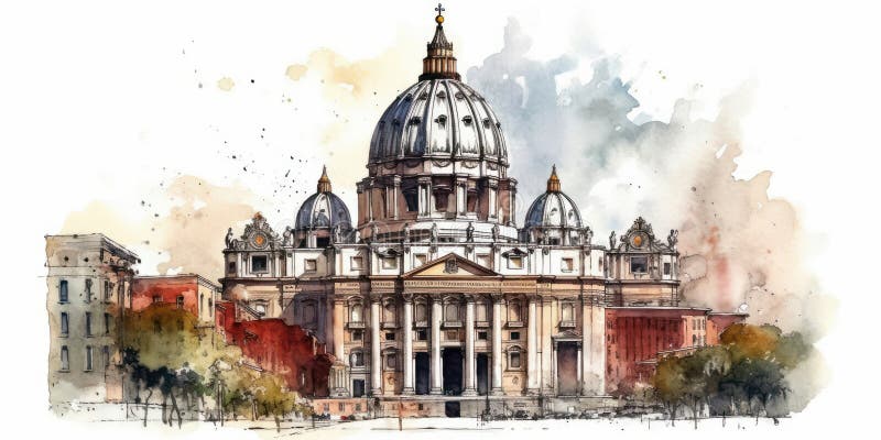 Watercolor Drawing of St. Peter S Basilica in the Vatican. Stock ...