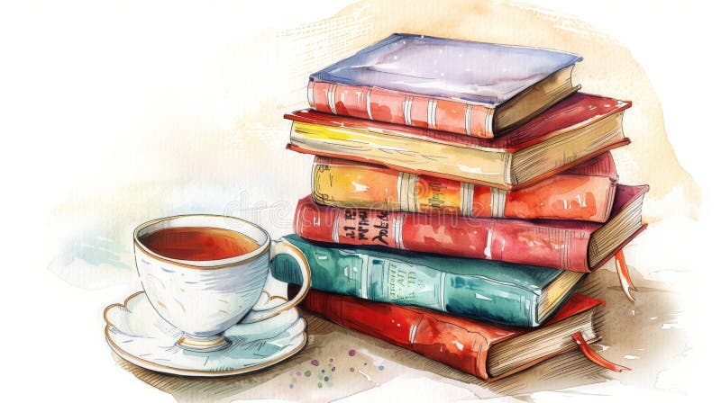 A Watercolor Drawing of a Stack of Books with a Teacup and Saucer in ...