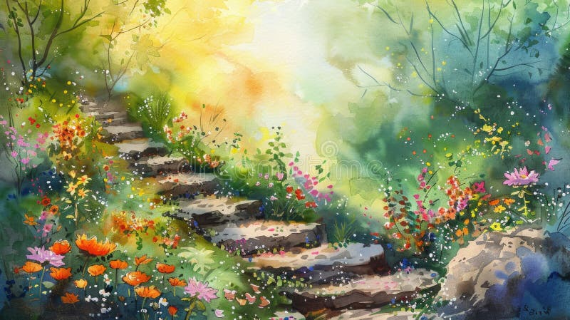 Watercolor Drawing of the Steps of the Spring Path. Hello Spring Stock ...