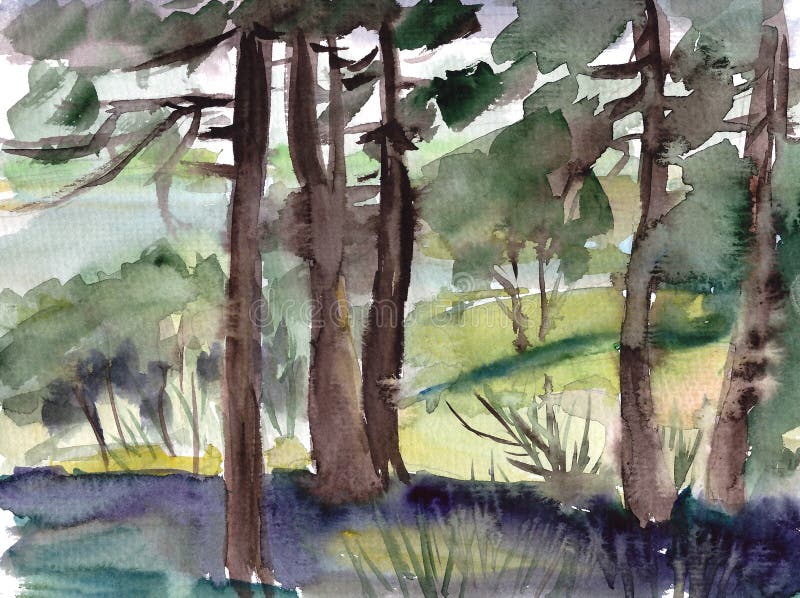 Watercolor Drawing Summer Landscape with Lake and Forest Stock ...