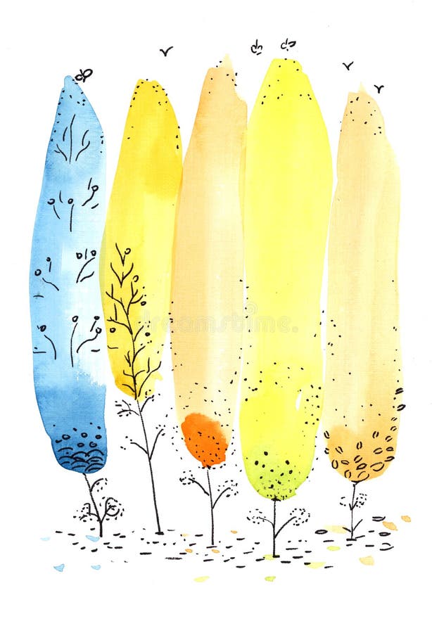 Watercolor Drawing of Trees. Several Multi-colored Trees for Decoration ...