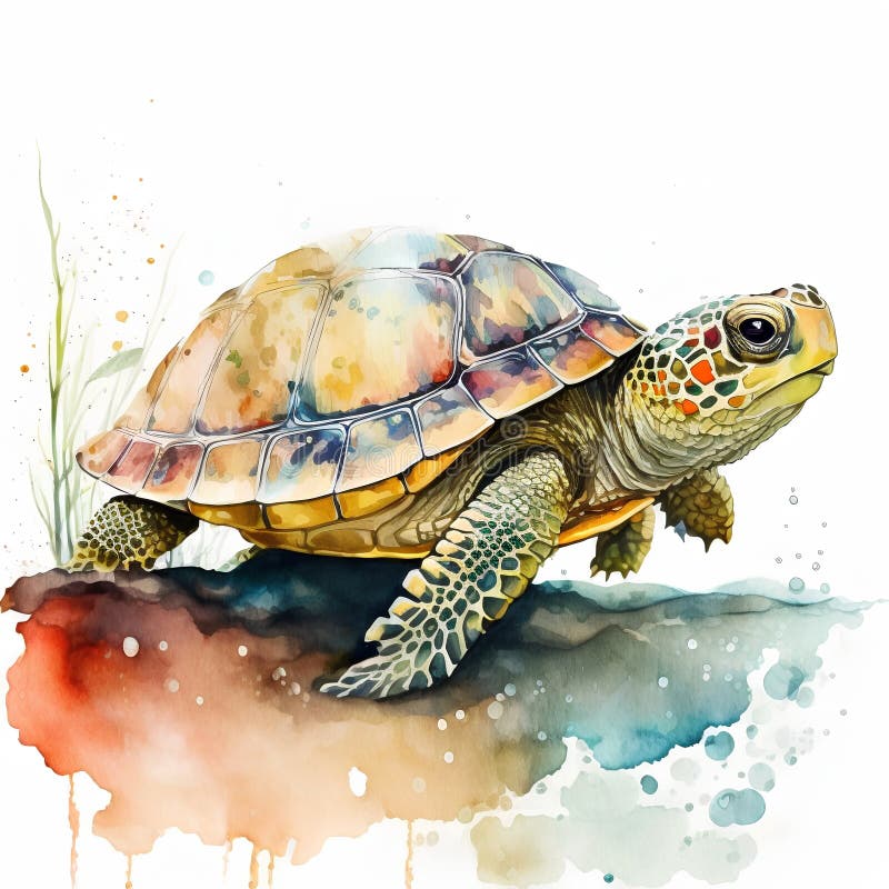 Watercolor Drawing of a Turtle on a White Background, Vector ...