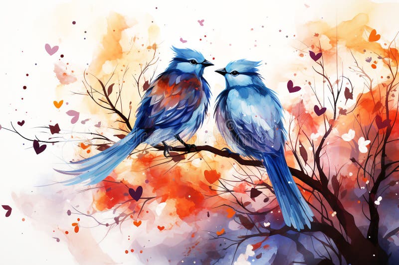 Watercolor Two Birds on the Branch Generative Ai Stock Illustration ...