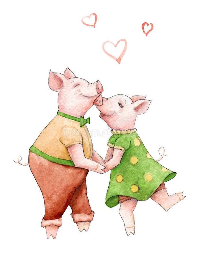 Watercolor Drawing. Two Pigs in Love, Sketch Stock Illustration ...