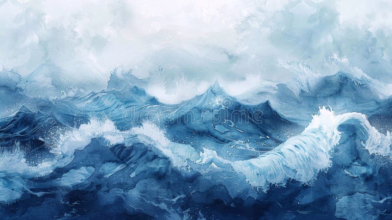 Watercolor Drawing of Waves and Clouds. Stock Image - Image of pattern ...