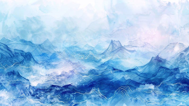 Watercolor Drawing of Waves and Clouds. Stock Image - Image of river ...