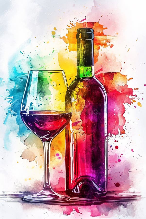 Watercolor Drawing of a Wine Bottle and Glass. Selective Focus Stock ...