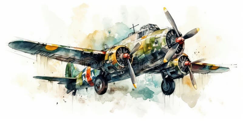 Watercolor Drawing of a World War II Bomber Plane. Stock Illustration ...