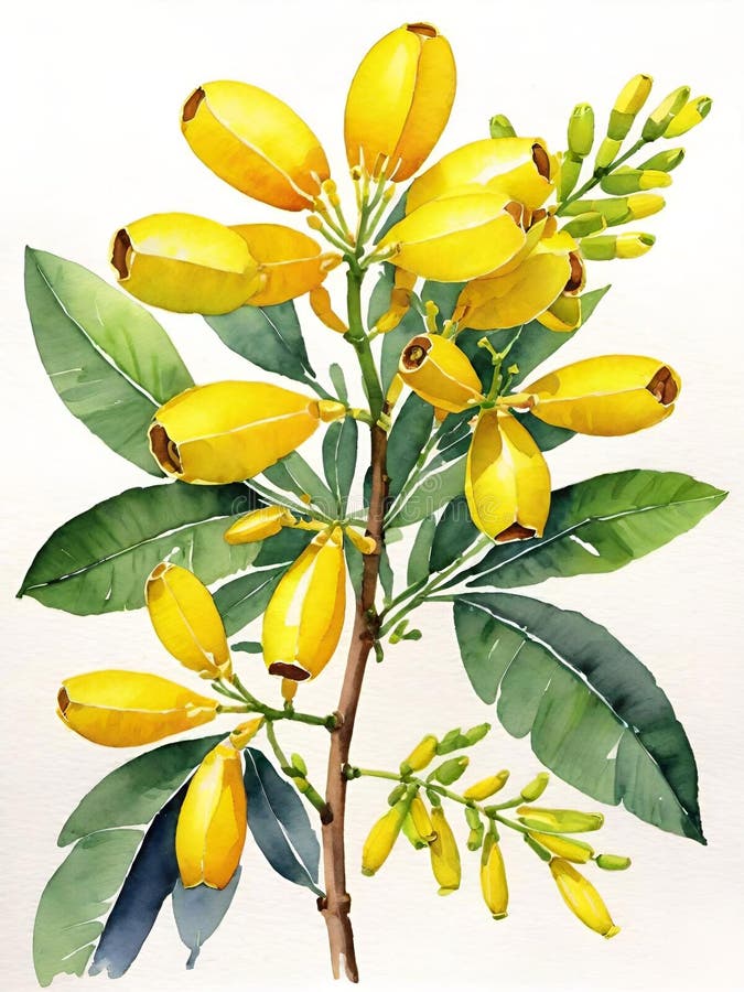 Watercolor Drawing of Yellow Flowers and Leaves Stock Illustration ...