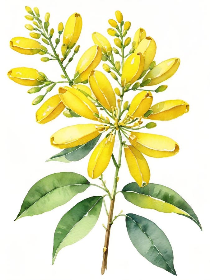 Watercolor Drawing of Yellow Flowers and Leaves Stock Illustration ...