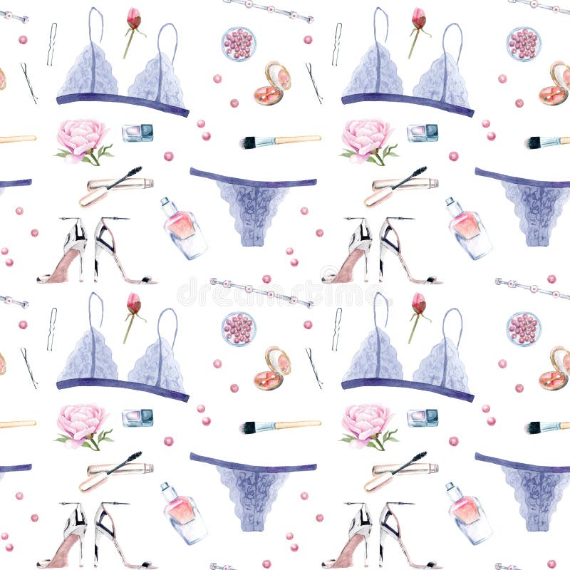 Watercolor Drawings of Female Things. Seamless Pattern Stock ...