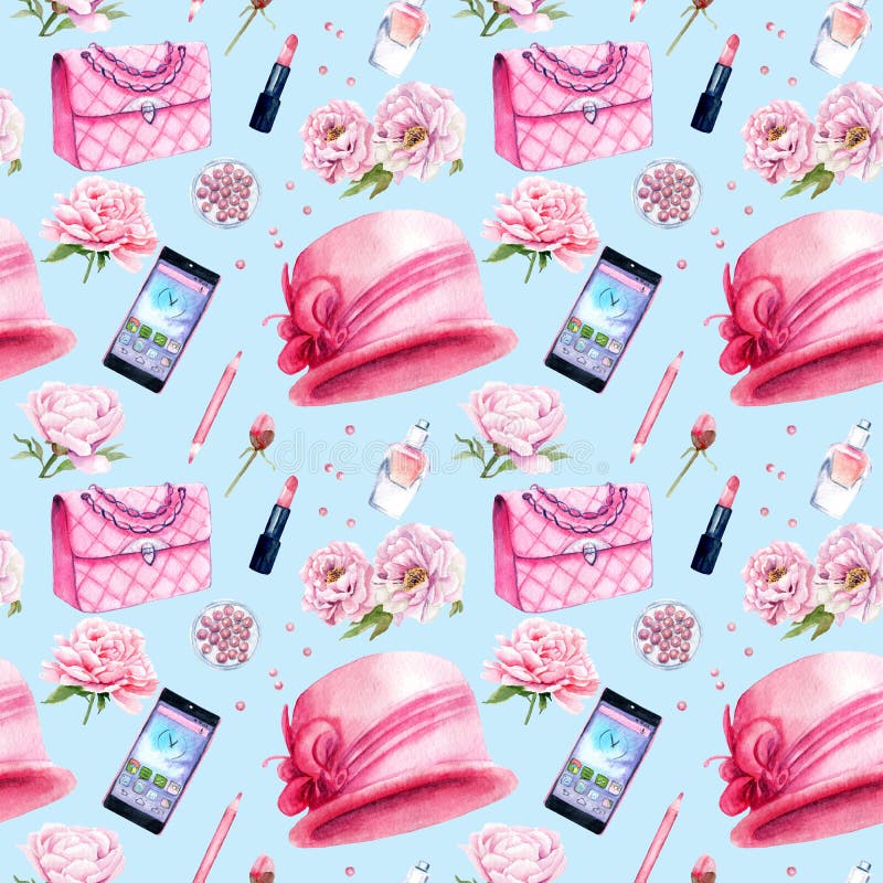 Watercolor Drawings of Female Things. Seamless Pattern Stock ...