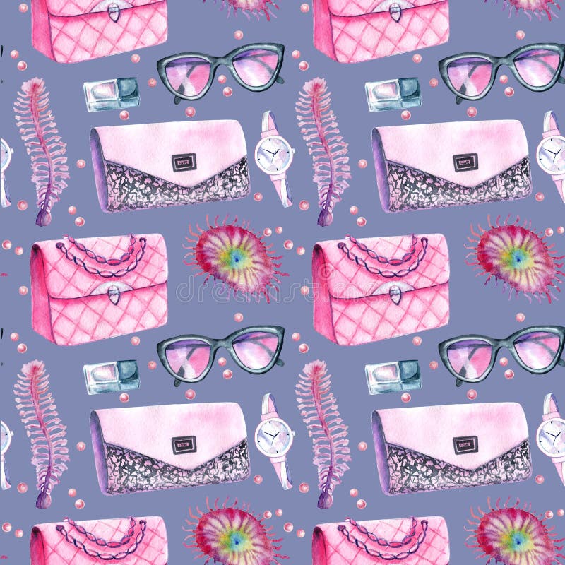 Watercolor Drawings of Female Things. Seamless Pattern Stock ...